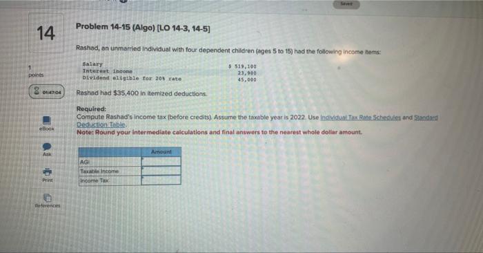 Solved Problem 14-15 (Algo) [LO 14-3, 14-5] Rashad, an | Chegg.com