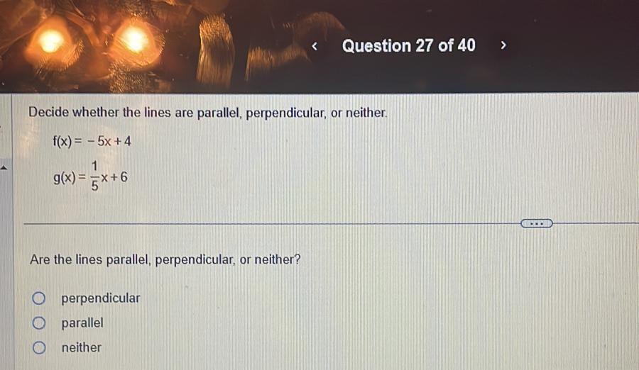 Solved Decide whether the lines are parallel, perpendicular, | Chegg.com