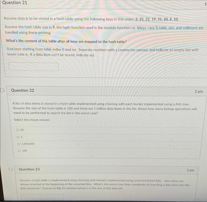 Solved Question 21 ch Assume data is to be stored in a hash | Chegg.com