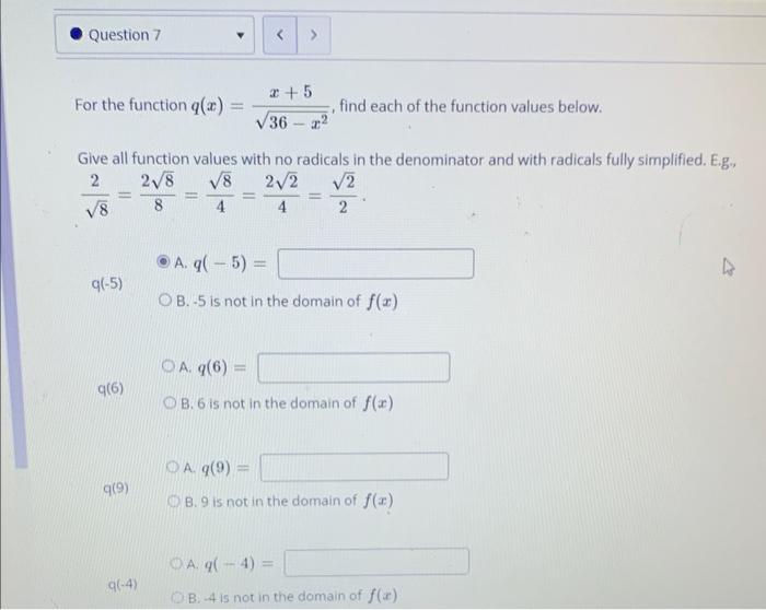 Solved For the function q(x)=36−x2x+5, find each of the | Chegg.com