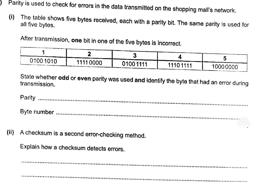 Solved Parity Is Used To Check For Errors In The Data 2202