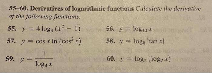 Solved 55-60. Derivatives of logarithmic functions Calculate | Chegg.com