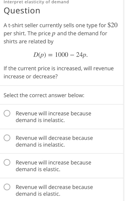 Solved Interpret elasticity of demand Question A t-shirt | Chegg.com