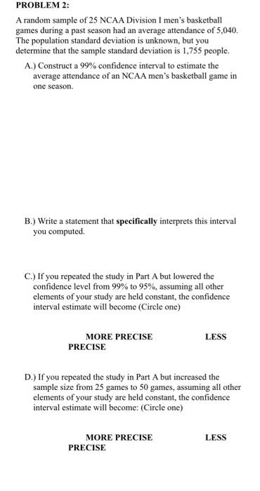 Solved PROBLEM 2: A random sample of 25 NCAA Division I | Chegg.com