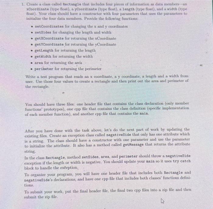 Solved 1. Create a class called Rectangle that incudes four | Chegg.com