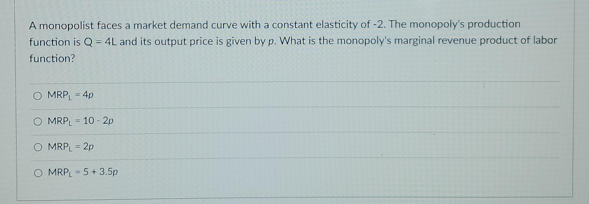 Solved A monopolist faces a market demand curve with a | Chegg.com