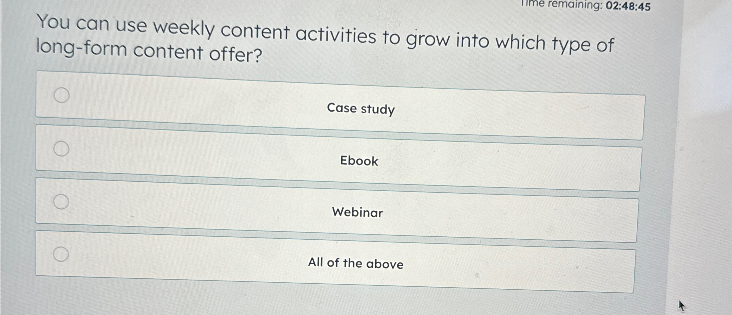 Solved IIme remaining: 02:48:45You can use weekly content | Chegg.com