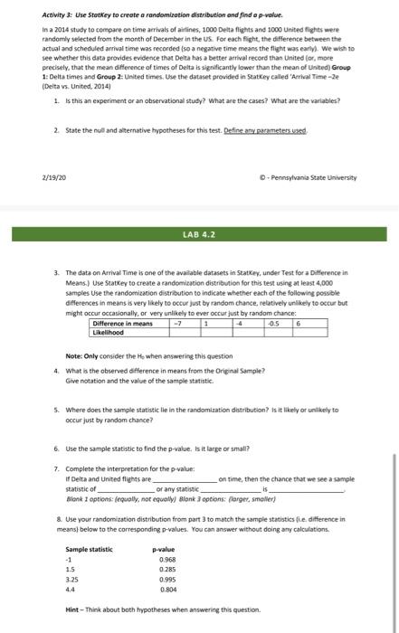 Activity 3: Use StatKey to create a randomization | Chegg.com