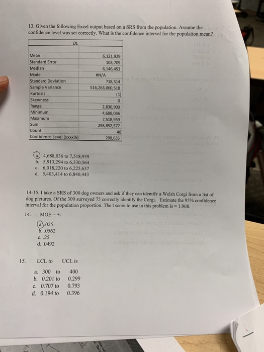 Solved 13. Given the following Excel output based on a SRS | Chegg.com