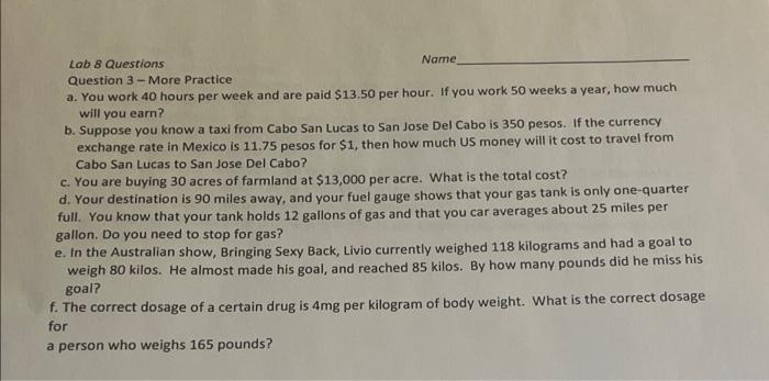 Solved Lab 8 Questions Name, Question 3-More Practice a. You | Chegg.com