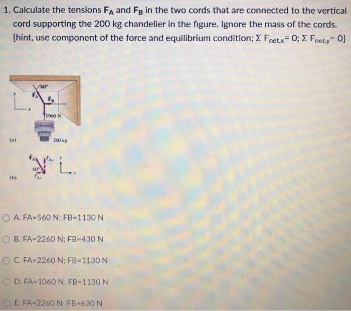 Solved 1. Calculate the tensions FA and Fg in the two cords | Chegg.com