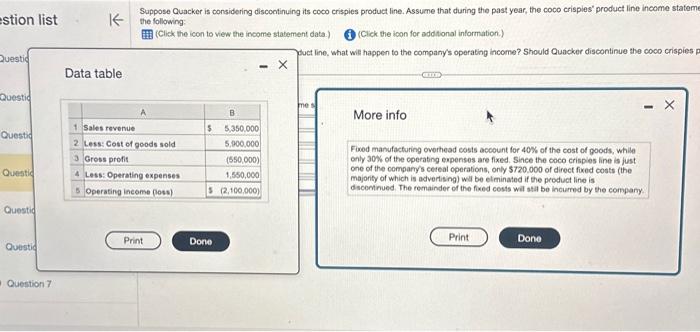 Solved Suppose Quacker is considering discontinuing its coce | Chegg.com