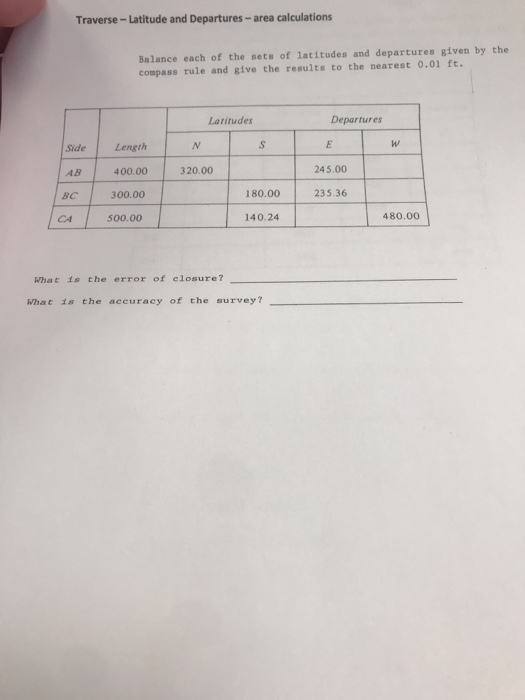 Solved Traverse-Latitude and Departures- area calculations | Chegg.com