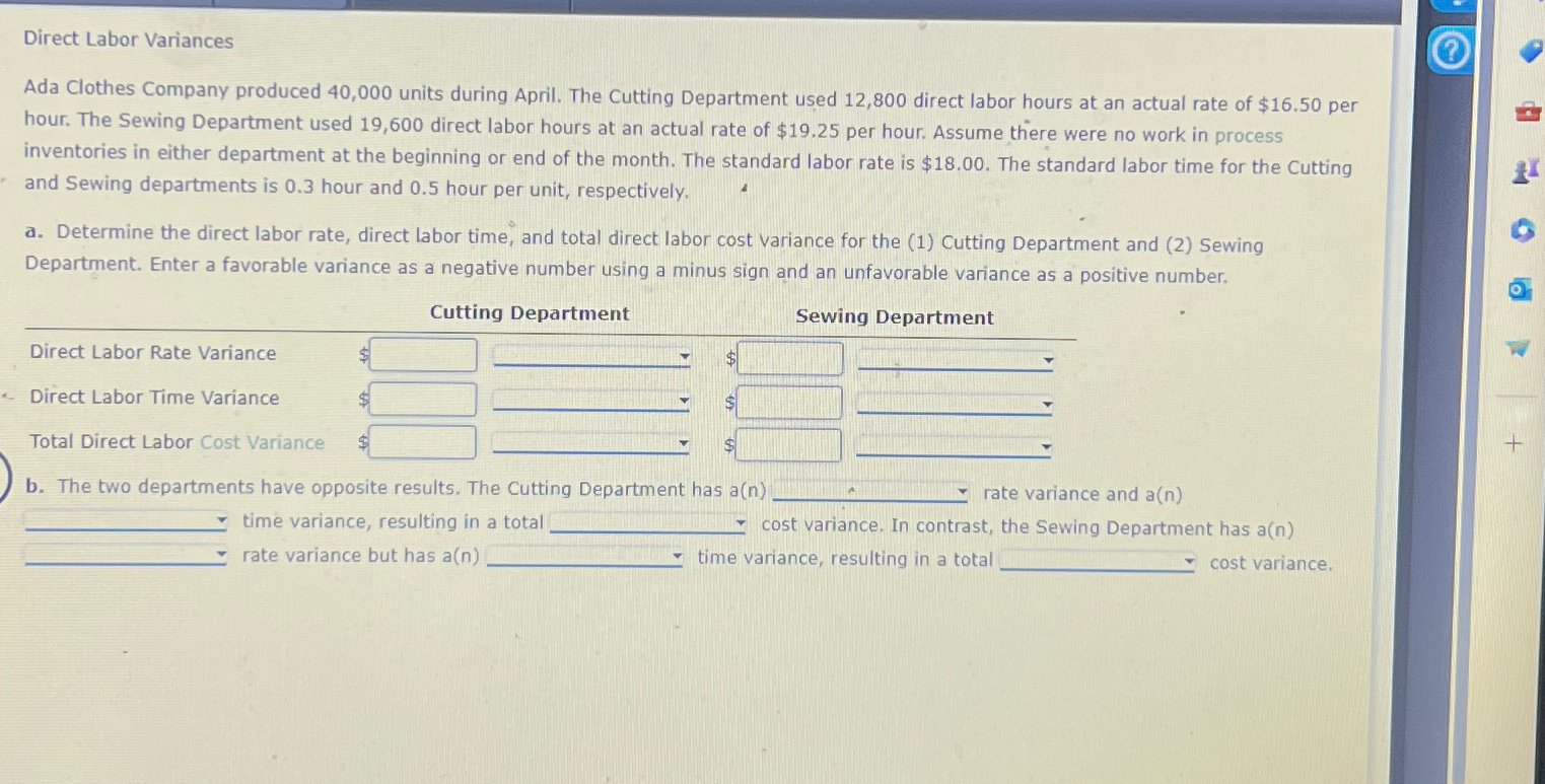 Solved Direct Labor VariancesAda Clothes Company produced | Chegg.com