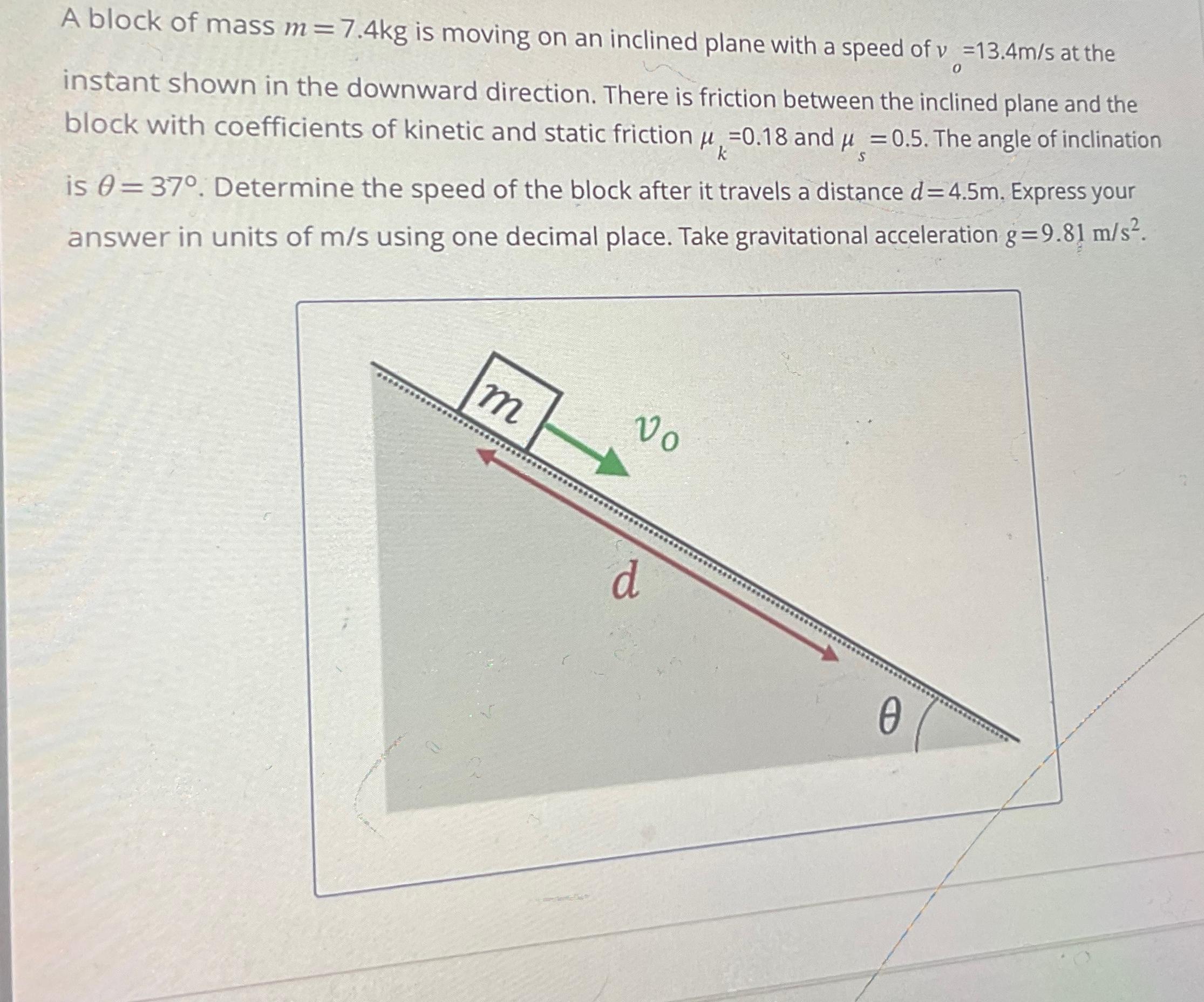 Solved A block of mass m=7.4kg ﻿is moving on an inclined | Chegg.com
