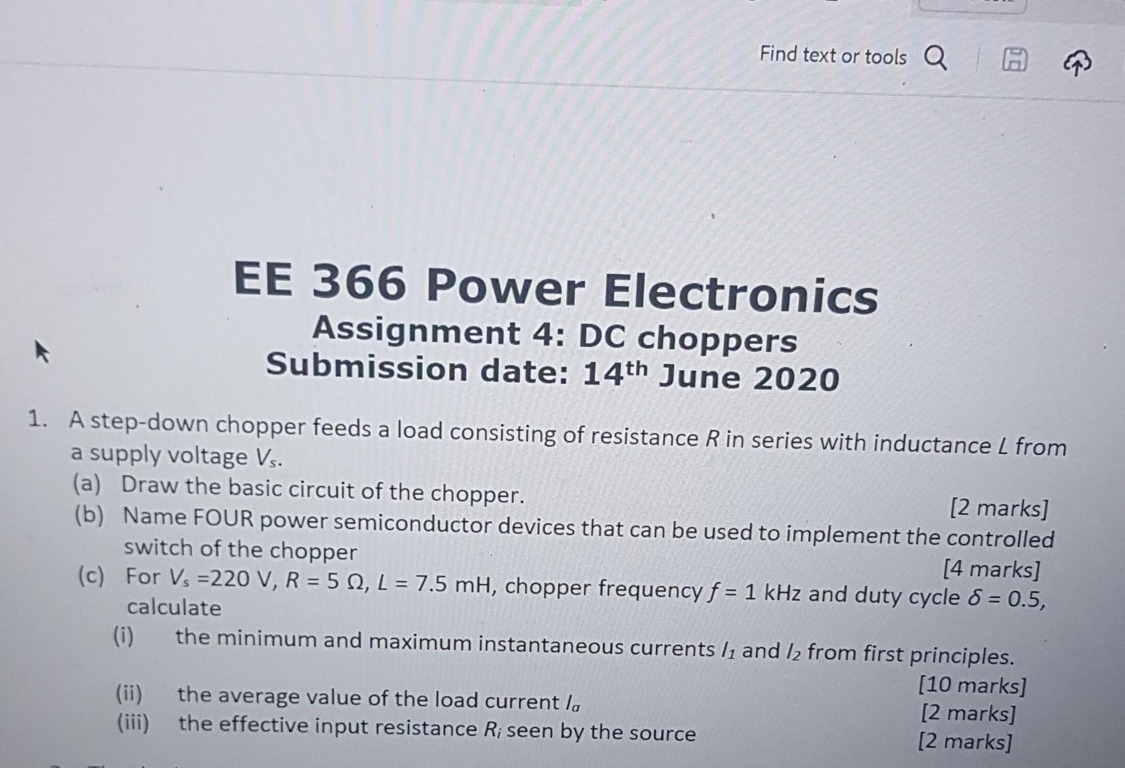 Solved EE 366 Power Electronics Assignment 4: DC choppers | Chegg.com