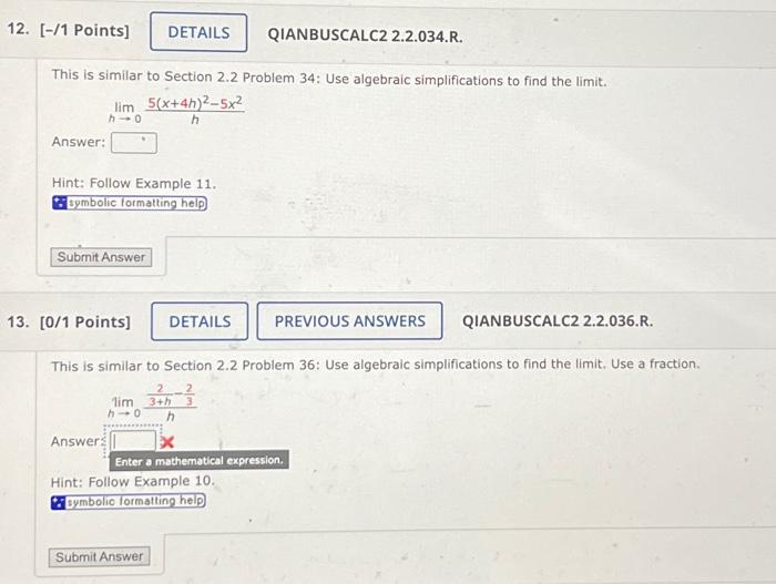 Solved 12. [-/1 Points] DETAILS QIANBUSCALC2 2.2.034.R. This | Chegg.com