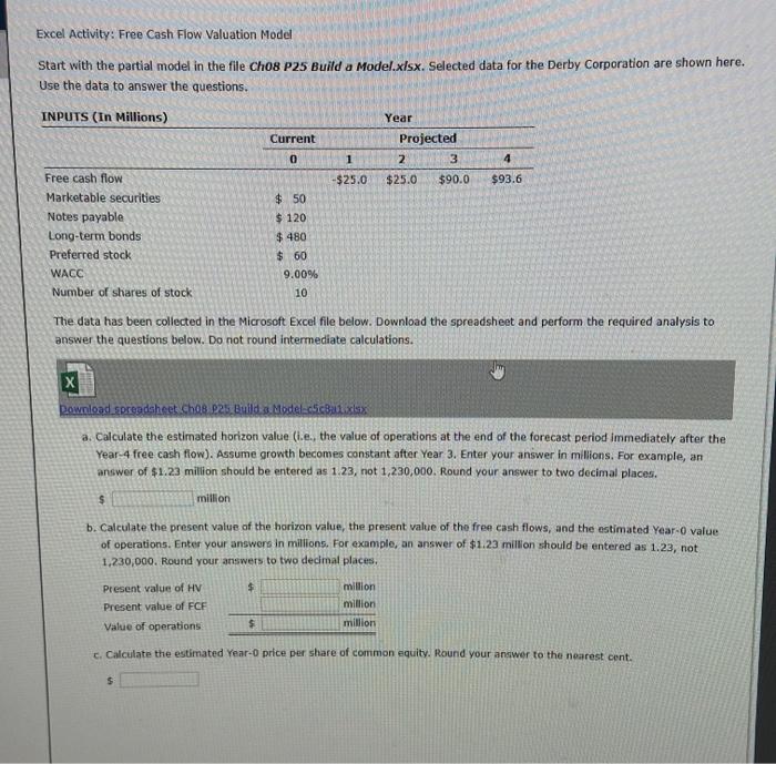 Solved Excel Activity: Free Cash Flow Valuation Model Start | Chegg.com