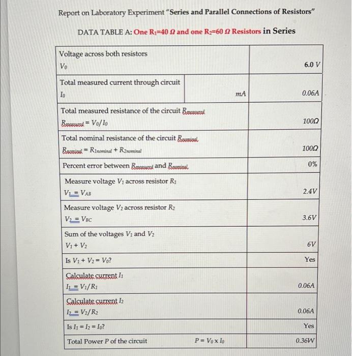 Solved Report on Laboratory Experiment "Series and Parallel | Chegg.com ...