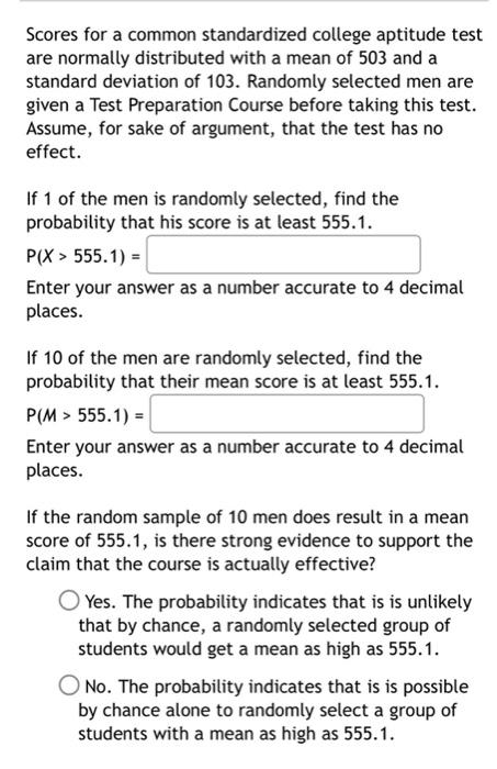 Solved Scores for a common standardized college aptitude | Chegg.com