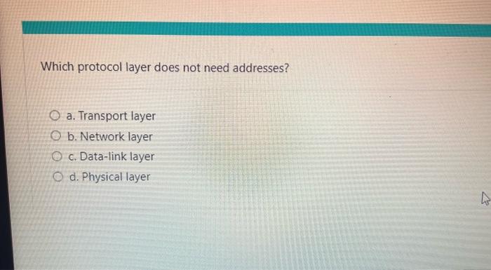 Solved Which protocol layer does not need addresses? a. | Chegg.com