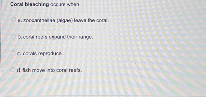 Solved Coral bleaching occurs when a. zooxanthellae (algae) | Chegg.com
