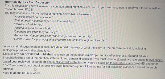 Solved Nutrition Myth vs Fact Discussion For this discussion | Chegg.com