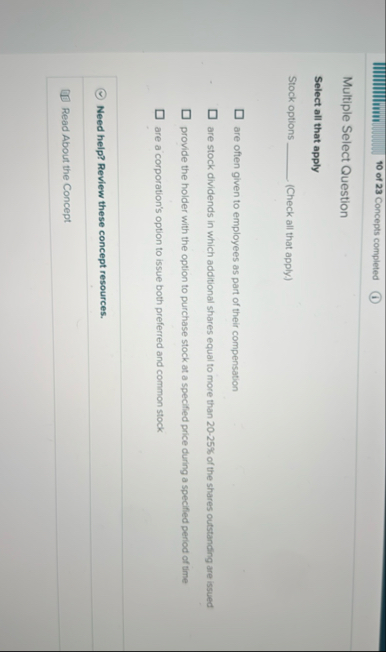 Solved 10 ﻿of 23 ﻿Concepts completed(1)Multiple Select | Chegg.com