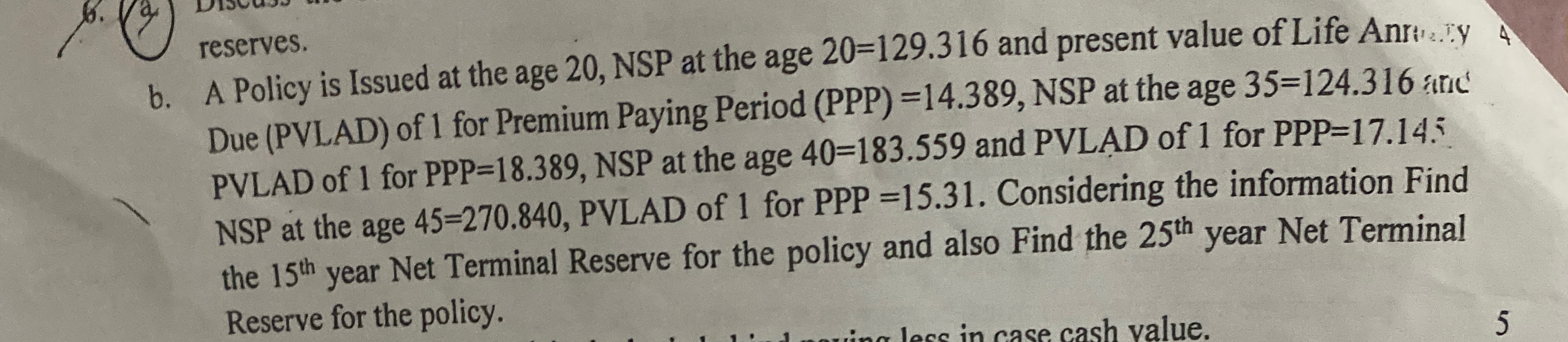 Solved reserves.b. ﻿A Policy is Issued at the age 20, ﻿NSP | Chegg.com