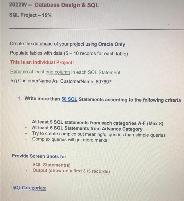 Solved 2022W - Database Design & SQL SQL Project -15% Create | Chegg.com