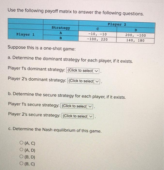 Solved Use the following payoff matrix to answer the | Chegg.com