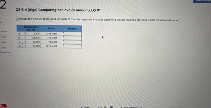 Solved QS 5-4 (Algo) Computing net invoice amounts LO P1 | Chegg.com