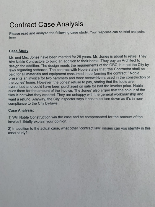 Solved Contract Case Analysis Please read and analyze the | Chegg.com