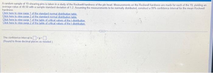 Solved A randorn sample of 19 shearing pins is taken in a | Chegg.com