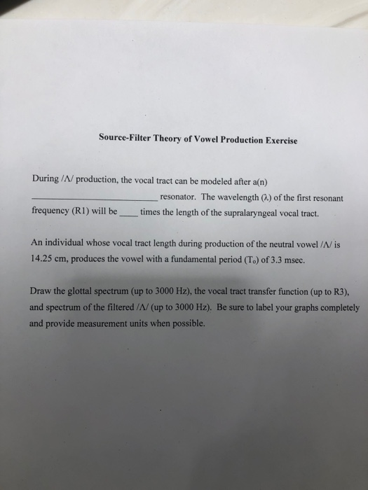 Source-Filter Theory of Vowel Production Exercise | Chegg.com