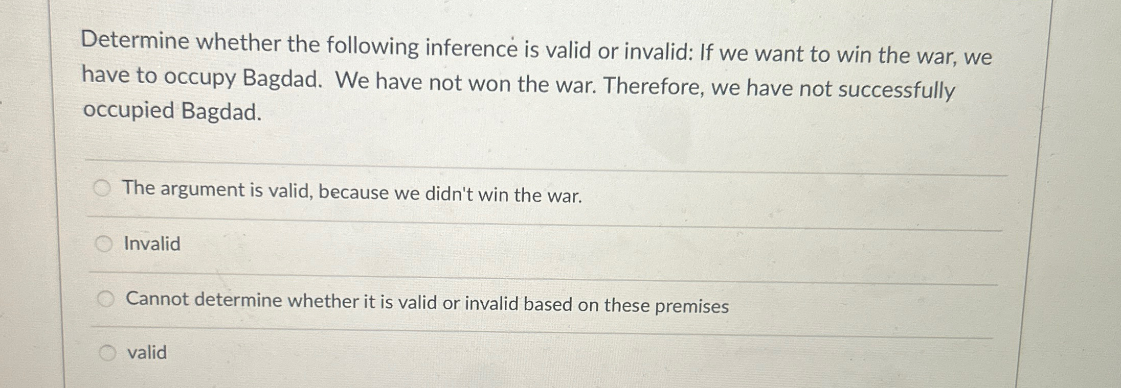 Solved Determine whether the following inference is valid or | Chegg.com