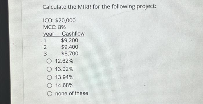 Solved Calculate the MIRR for the following project: ICO: | Chegg.com