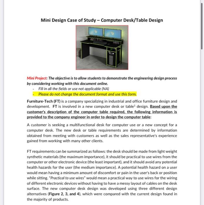 Solved Mini Design Case of Study - Computer Desk/Table | Chegg.com