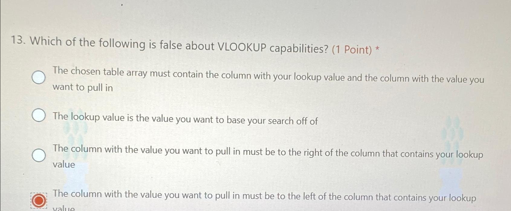 Solved Which of the following is false about VLOOKUP | Chegg.com