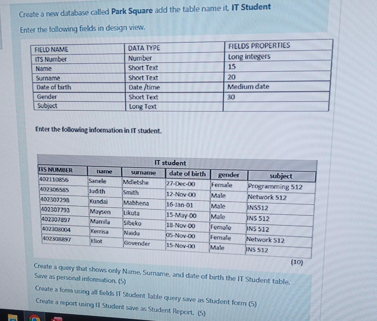 Create a new database called Park Square add the | Chegg.com