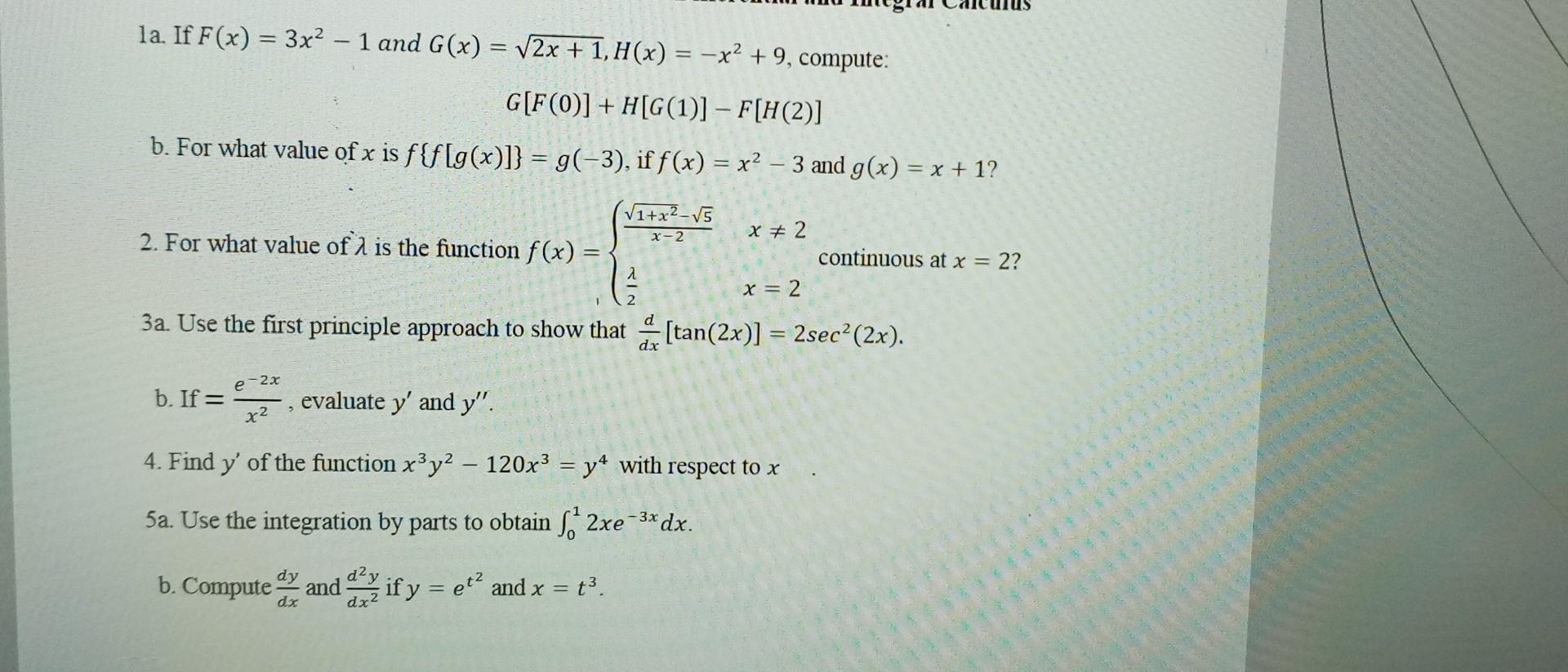 Solved 1a. If F(x)=3x2−1 and G(x)=2x+1,H(x)=−x2+9, compute: | Chegg.com
