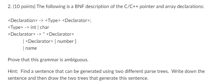 Solved The following is a BNF description of the C/C++ | Chegg.com