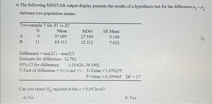 Solved 4) The following MINITAB output display presents the | Chegg.com