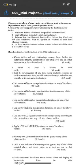 Solved 4G: ۱۱:۱۳ D SQL_Mini Project... px se ji zkusis > | Chegg.com