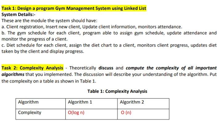 Task 1: Design a program Gym Management System using | Chegg.com