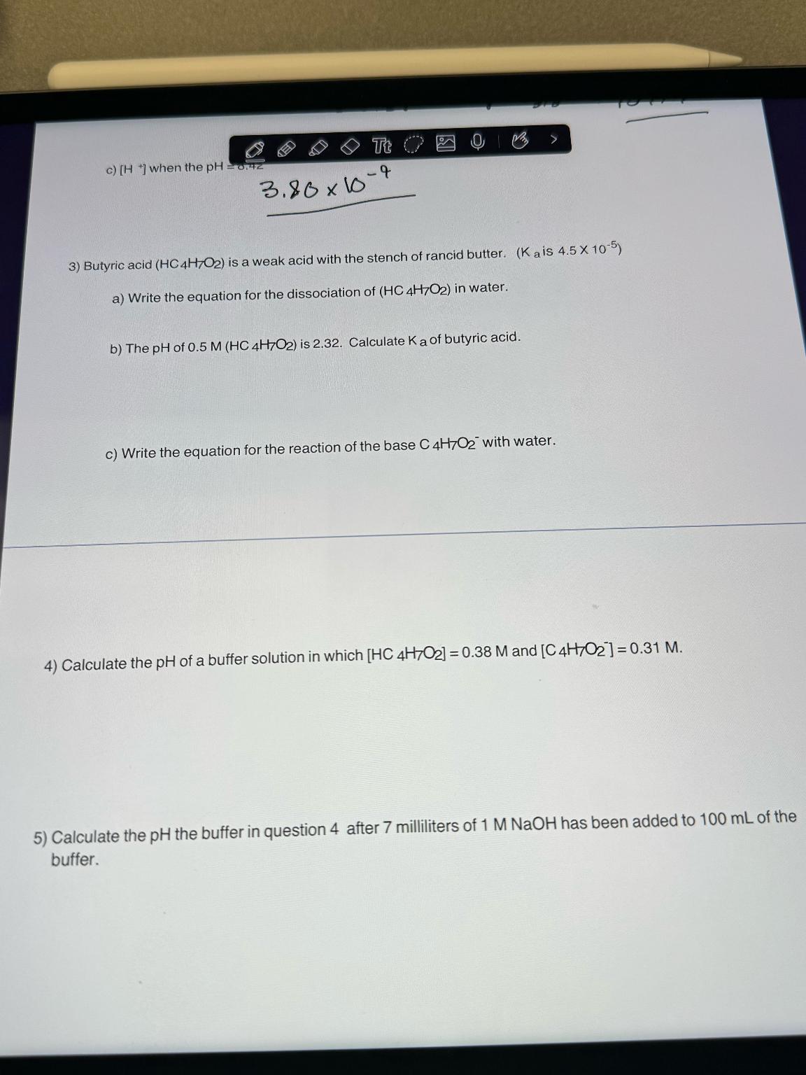 Solved c) H+when the pH=0.80=10-9Butyric acid (HC4H7O2) ﻿is | Chegg.com