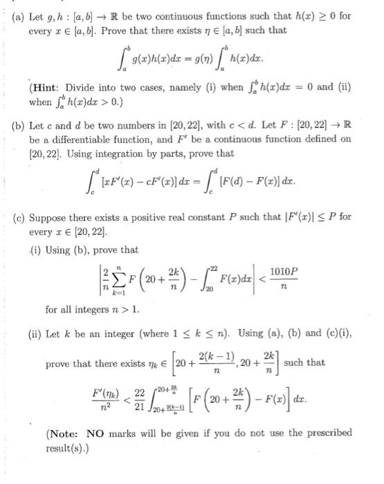 Solved (a) Let g,h:[a,b]→R be two continuous functions such | Chegg.com