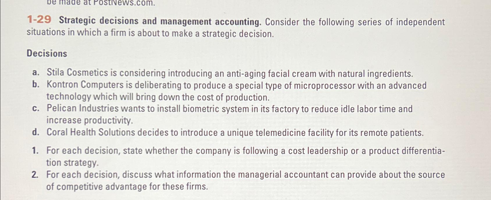 Solved 1-29 ﻿Strategic decisions and management accounting. | Chegg.com