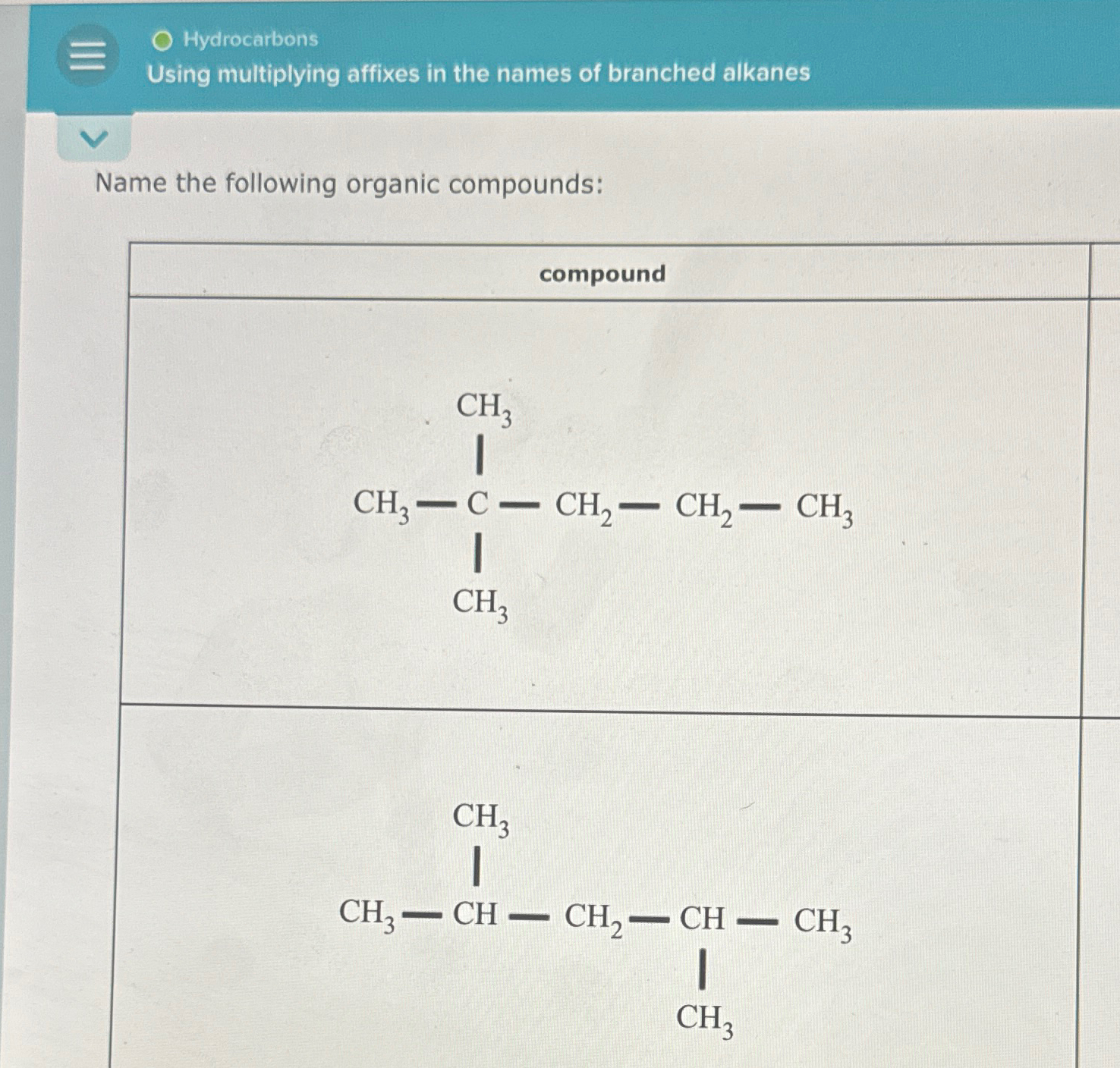 Solved HydrocarbonsUsing multiplying affixes in the names of | Chegg.com