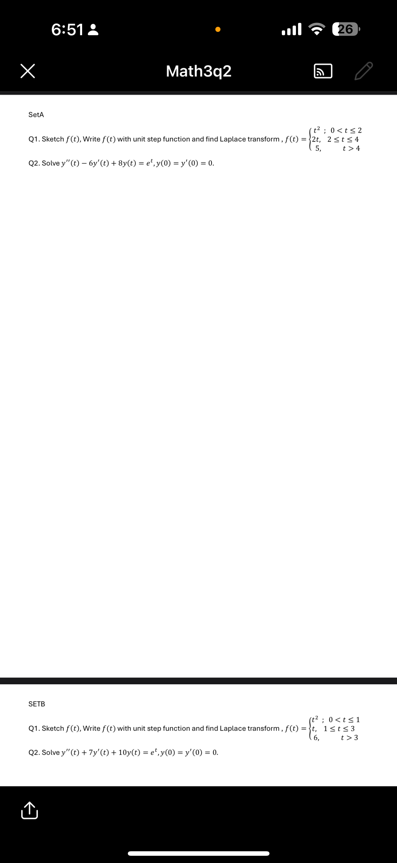 Solved 6:51！ull26Math3q2๓SetAQ1. ﻿Sketch f(t), ﻿Write f(t) | Chegg.com